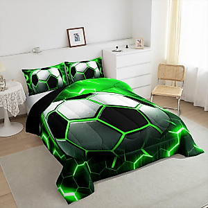 Soccer Print Comforter Set Full Football Bedding Comforters & Sets for Kids Boys Girls,Ball Game Duvet Sports Theme Quilt Comforter,Green Neon Honeycomb Duvet Teens Modern Cool Design Room Decor 3Pcs
