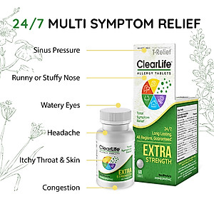 ClearLife Extra Strength Multi-System Allergy Relieving Homeopathic Remedy - 15 Powerful Actives Provide Potent Maximum Congestion, Itchiness & Sinus Pressure Relief - Non-Drowsy - 60 Tablets