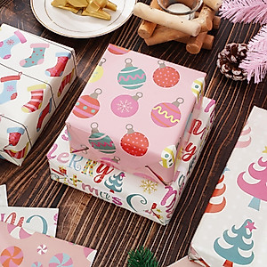 AnyDesign 12 Sheet Christmas Wrapping Paper Pink Blue Xmas Tree Snowflake Candy Cane Gift Wrap Paper Bulk Winter Decorative Art Paper for Birthday Baby Shower, Folded Flat, 19.7 x 27.6 Inch