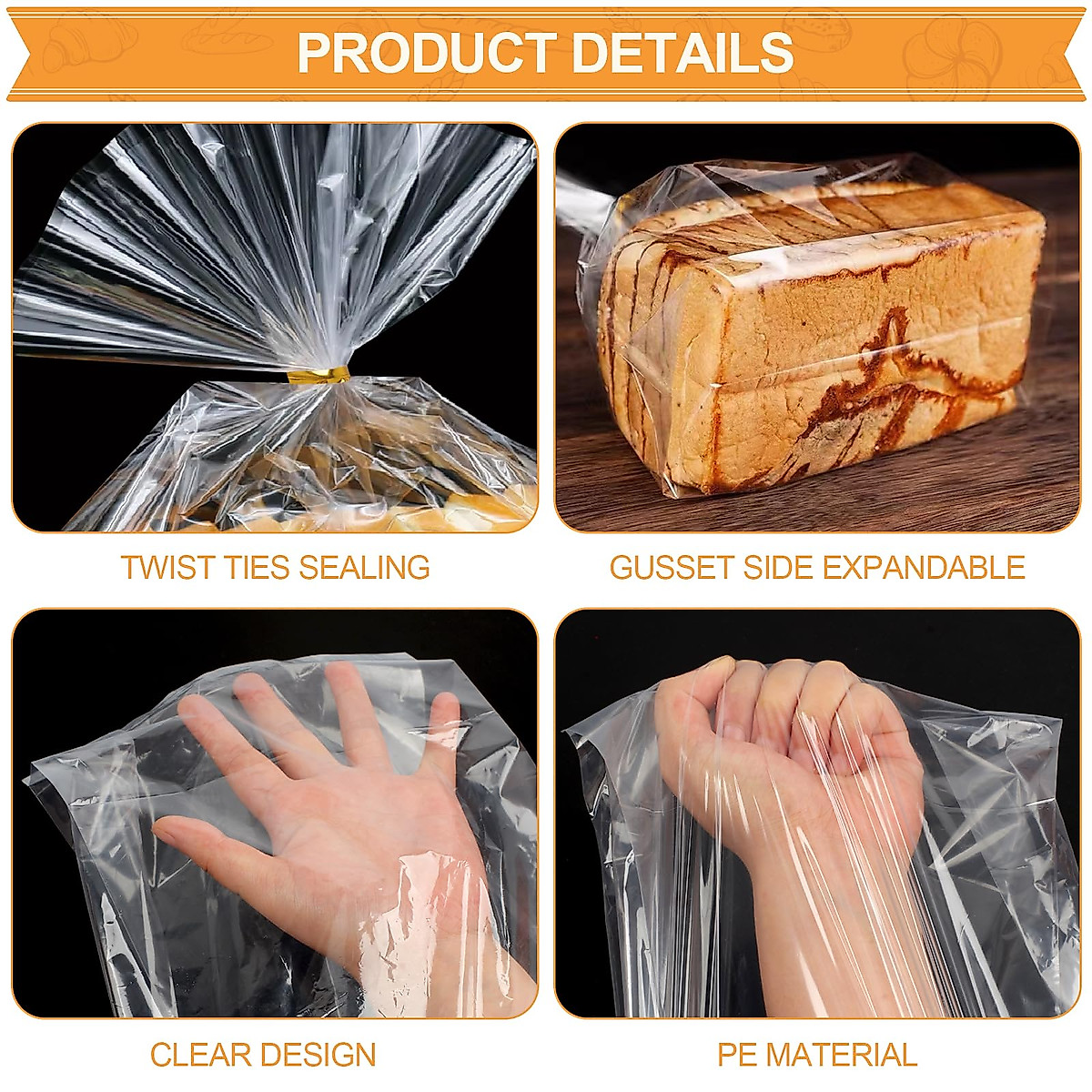 vivinin 70 Pack Bread Bags & 100 Pack Ties, 8" x 4" x 18" Clear Bread Bags for Homemade Bread, Reusable Plastic Bread Bags, Bread Loaf Bags, Bread Storage Bags for Bakers, Bakery Owners