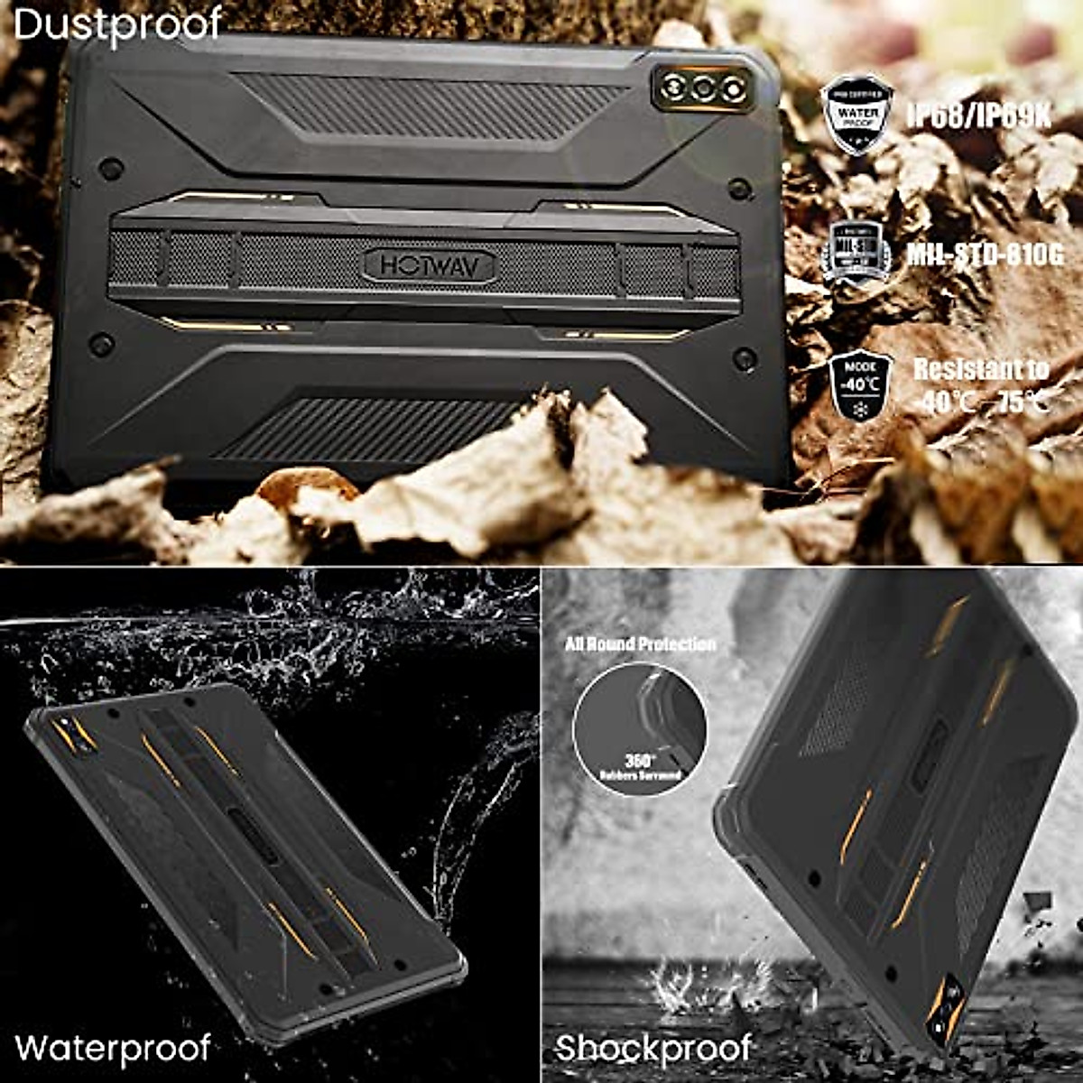 HOTWAV R5 Rugged Tablet 10.1 Inch, 15600mAh Battery Tablet 4GB + 64GB (1TB Expandable) Octa-Core, 16MP+16MP Camera Outdoor Tablet Android 12 Ip68 Waterproof Dual SIM 4G LTE/5G WiFi/Face ID/GPS/OTG