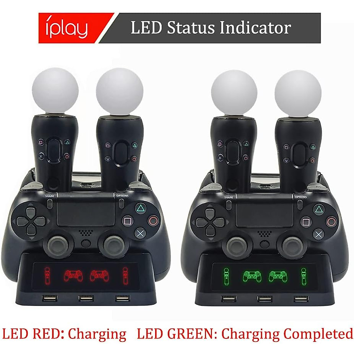 Controller Charger Charging Station Fast Charging Adapter, Multi Functional Charging Station for Sony / Move/ VR Controller with LED Indicator