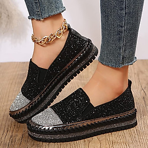 SUGURETA Women's Fashion Rhinestone Slip On Sneakers Casual Comfort Platform Walking Shoes Cute Bowknot Glitter Bling Loafers A-Black 41