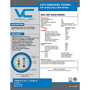 Vertical Cable Cat5e, 350 MHz, Shielded, 24AWG, Solid Bare Copper, 1000ft, Bulk Ethernet Cable, Black