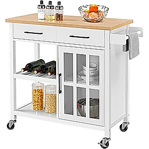 Yaheetech Kitchen Island on Wheels with Drawers, Rolling Kitchen Cart with Tempered Glass Storage Cabinet Door, Bamboo Top, 2 Tiers Shelves, and Towel Rack, 40x18x36 Inches, White