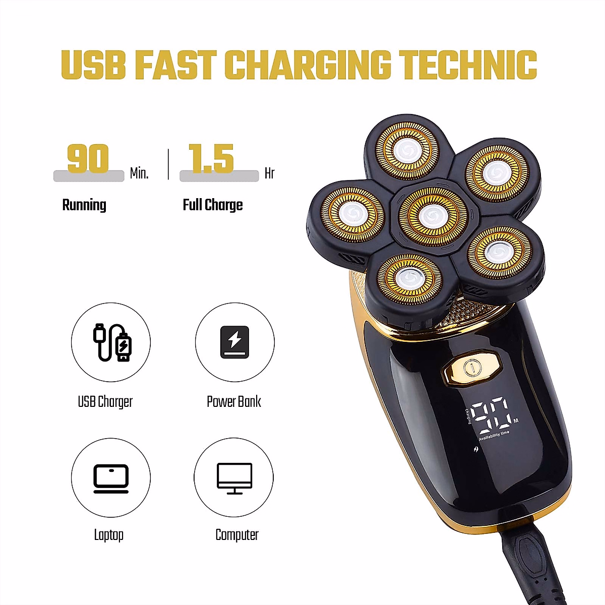 Head Shavers for Bald Men Wet and Dry, HerfsTec 6 Rotary Blade Heads Electric Razor, Bald Man 5-in-1 Grooming Kit with Clipper & Trimmer & Brush, IPX7 Waterproof, USB Charging, LED Display