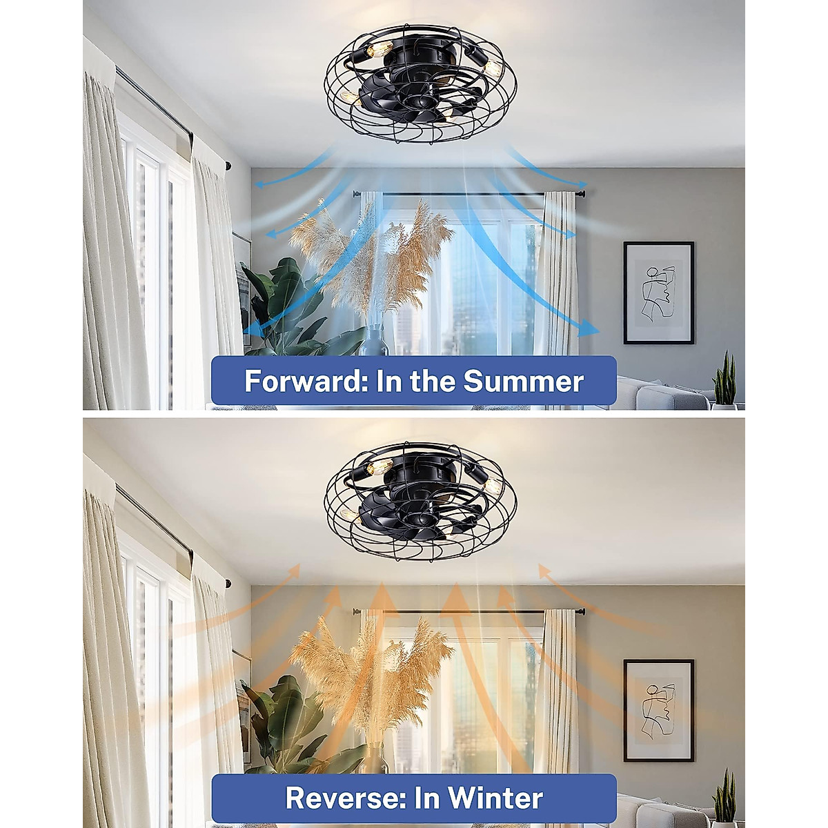 Glitnous 18'' Small Caged Flush Mount Ceiling Fans with Lights and Remote, Black Low Profile Rustic Farmhouse Modern Lighting & Ceiling Fan, Bladeless 6 Speed Timing for Bedroom Kitchen Dining Room