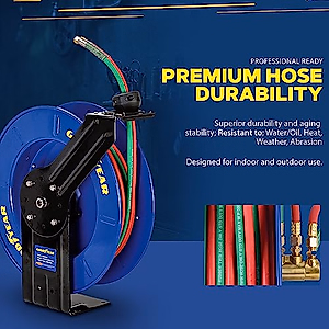 Goodyear Welding Hose Reel Retractable 1/4" Inch x 50’ Foot Twin Oxygen Acetylene Rubber Hoses STD Duty Max 300PSI Heavy Duty Industrial Single Arm Construction