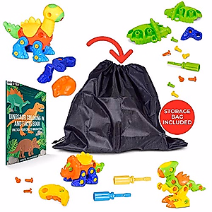 Dinosaur Building Toy Set for Kids - STEM Take Apart Construction Toys Include Build a Dino Construct & Play Kit, Storage Bag, & Coloring Book - Educational Toys, Birthday Party Toy Dinosaurs