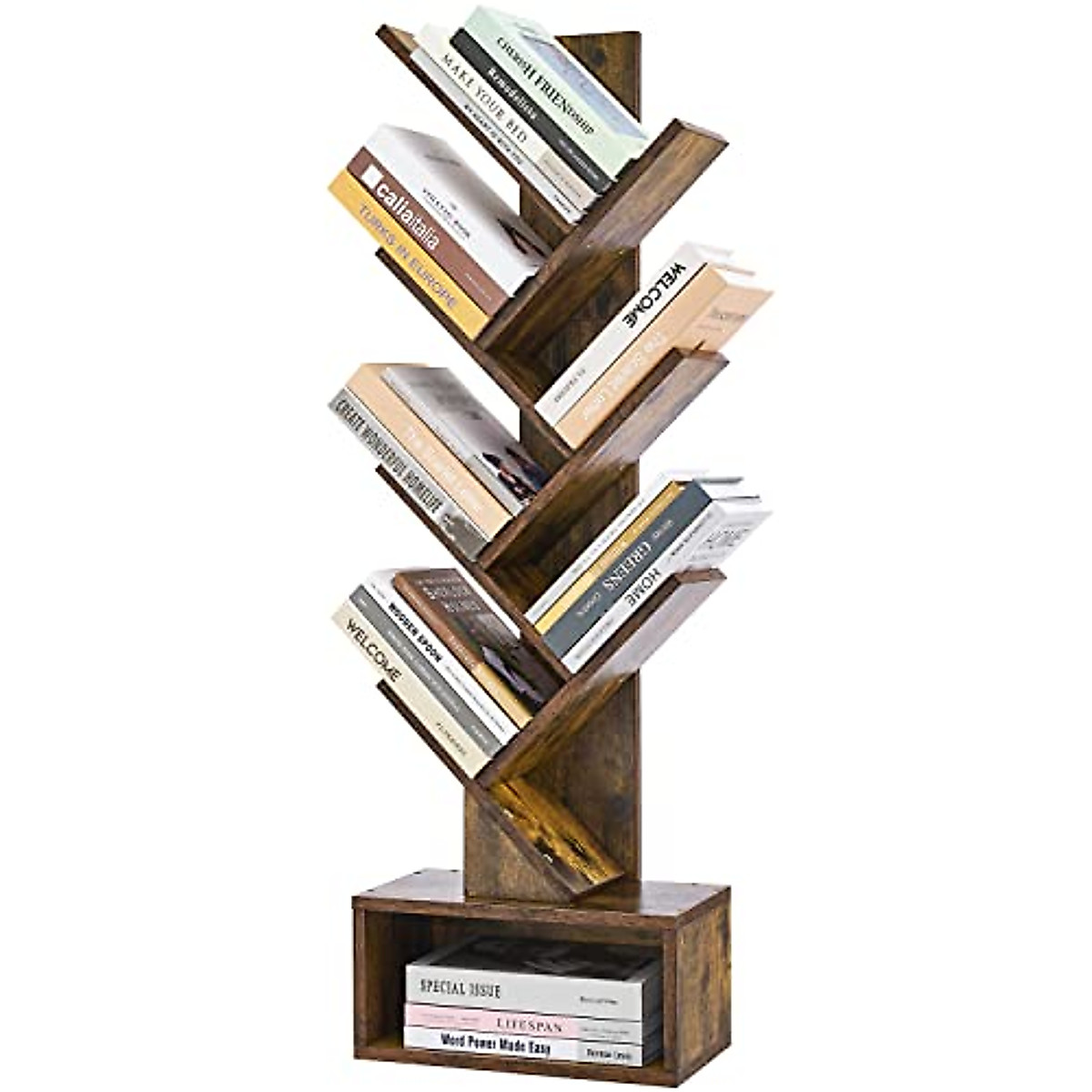 Hoctieon 2-Set Tree Bookshelf, Shelf Bookcase, Modern Book Storage, Free Standing Tree Bookcase, Utility Organizer Shelves for Home Office, Living Room, Bedroom, Rustic Brown(2 Pack)