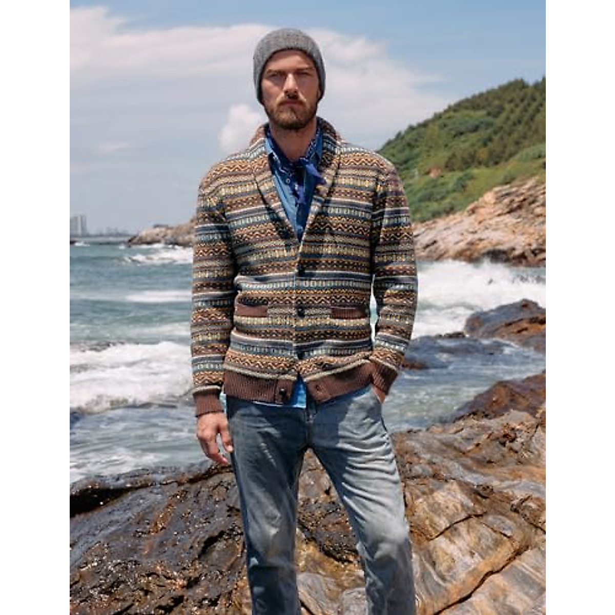 Men's Fair Isle Cardigan Sweater Stylish Ugly Holiday Cardigan Brown 2XL