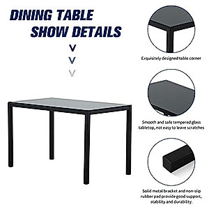 Black Glass Dining Table, Tempered Glass Top Table Metal Legs Rectangular for Small Kitchen Dining Room Living Room 4 People