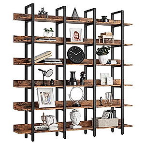 IRONCK Bookcase and Bookshelves Triple Wide 6-Tiers Large Open Shelves, Etagere Bookcases with Back Fence for Home Office Decor, Easy Assembly, Vintage Brown