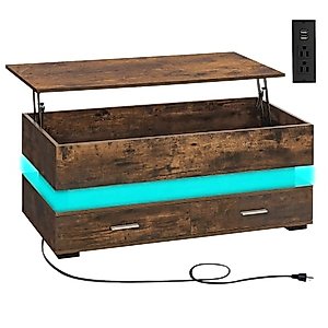 WEENFON LED Coffee Table, Smart Coffee Table with Charging Station, Lift Top, 21 Colors Change, 2 Tiers Modern Tea Table with Storage, Living Room Furniture, Rectangle Design, Rustic Brown