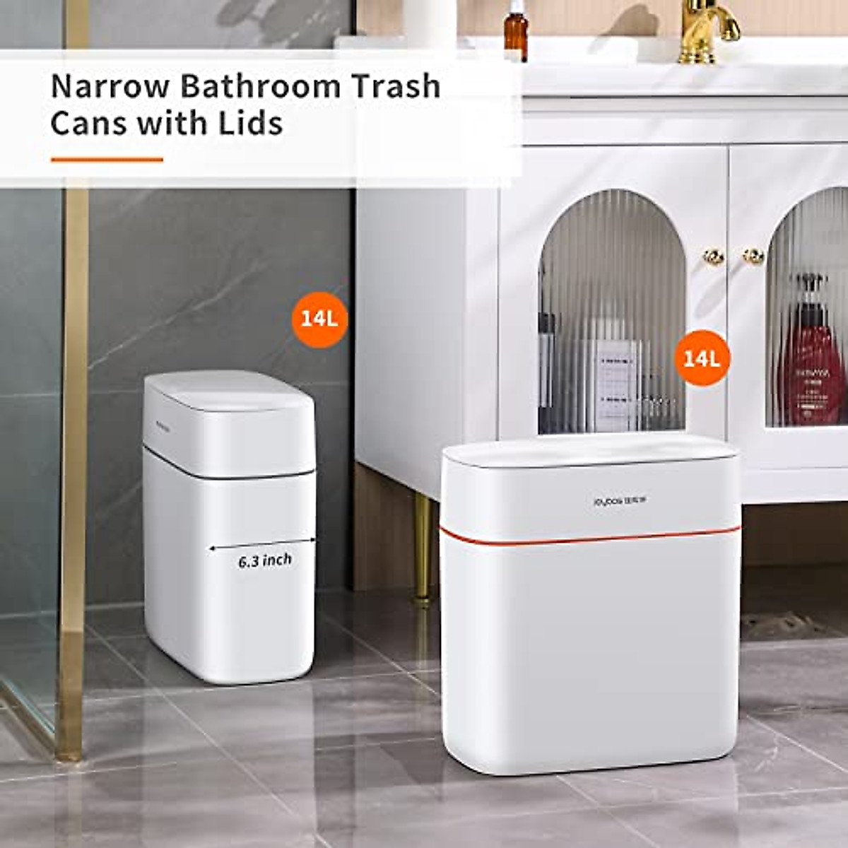Garbage Can with Lid for Bathroom, JOYBOS Small Trash Can with Press Type Cover, Slim Narrow 14L Waste Bin, Suit for Bedroom, Laundry, Office, Kids Room, Living Room