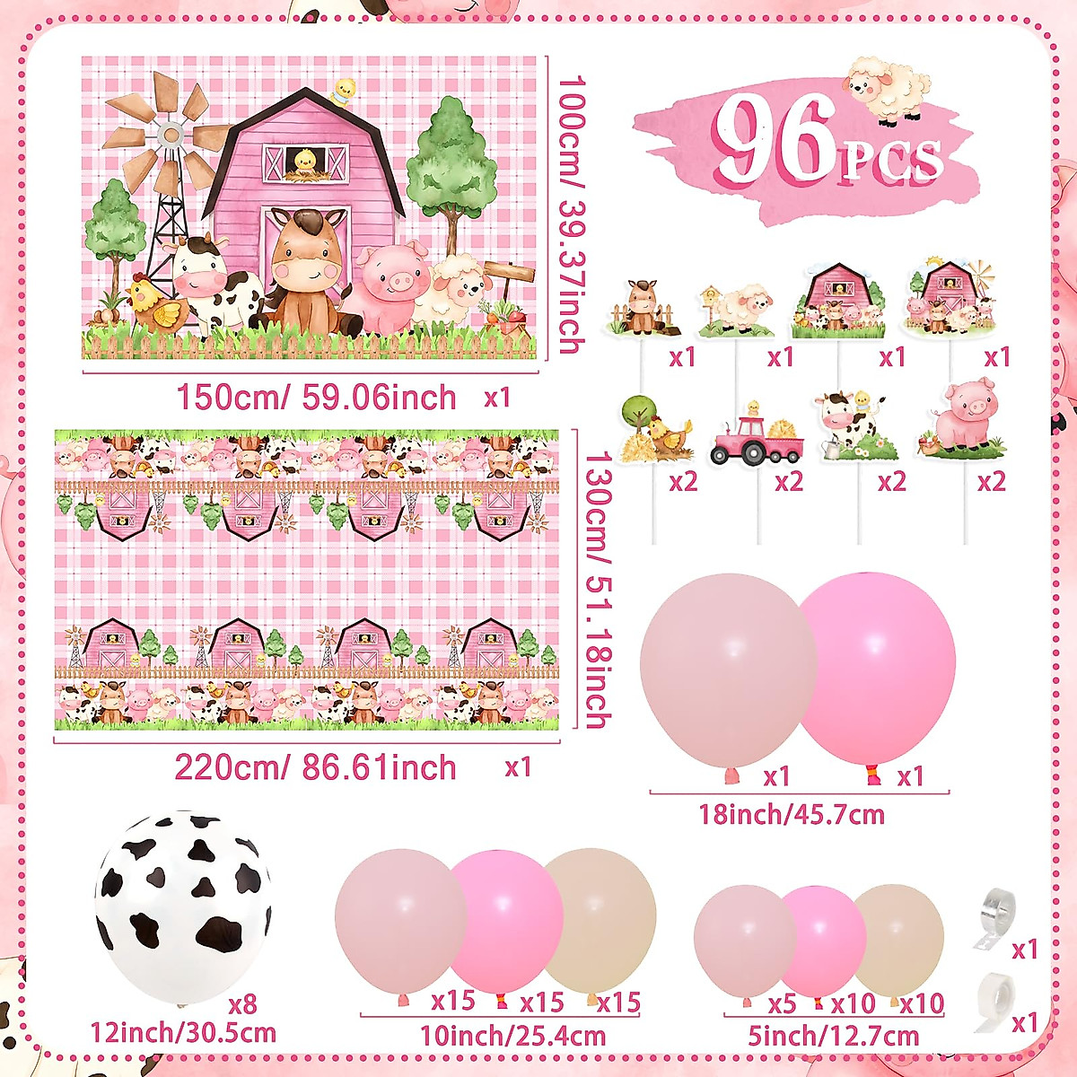 Farm Animal Themed Party Decoration for Girl,Farm Barn Animals Backdrop Banner Farmhouse Animals Decor Party Tablecloth Balloon Arch Garland Kit for Birthday Photography Baby Shower Party Supplies