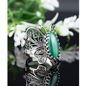 Filigranist Sterling Silver Filigree Art Butterfly Women Cocktail Ring with Gemstones (Malachite, 9)