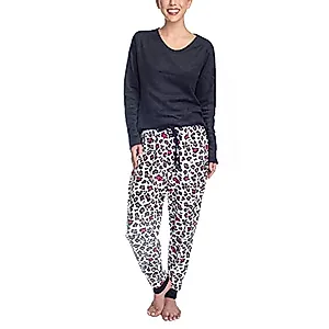 Hanes Women's Cozy Up Jogger 2 Piece Set Top and Jogger Pajamas, Black/Leopard, X-Large
