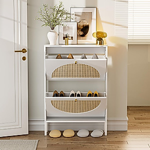 IKIFLY White Rattan Shoe Cabinet with 2 Flip Drawers, Narrow Free Standing Shoe Racks with Metal Legs, Shoe Storage Cabinet for Entryway, Living Room, Apartment