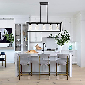 VINLUZ Farmhouse Chandeliers Rectangle Black 5 Light Dining Room Lighting Fixtures Hanging, Kitchen Island Cage Pendant Lights Contemporary Modern Ceiling Light with Glass Shade Adjustable Rods