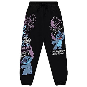 Disney Ladies Lilo and Stitch Joggers - Lilo and Stitch Varsity Athletic Jogger Sweatpants Lilo and Stitch Multi Print Sweatpants (Black, Large)