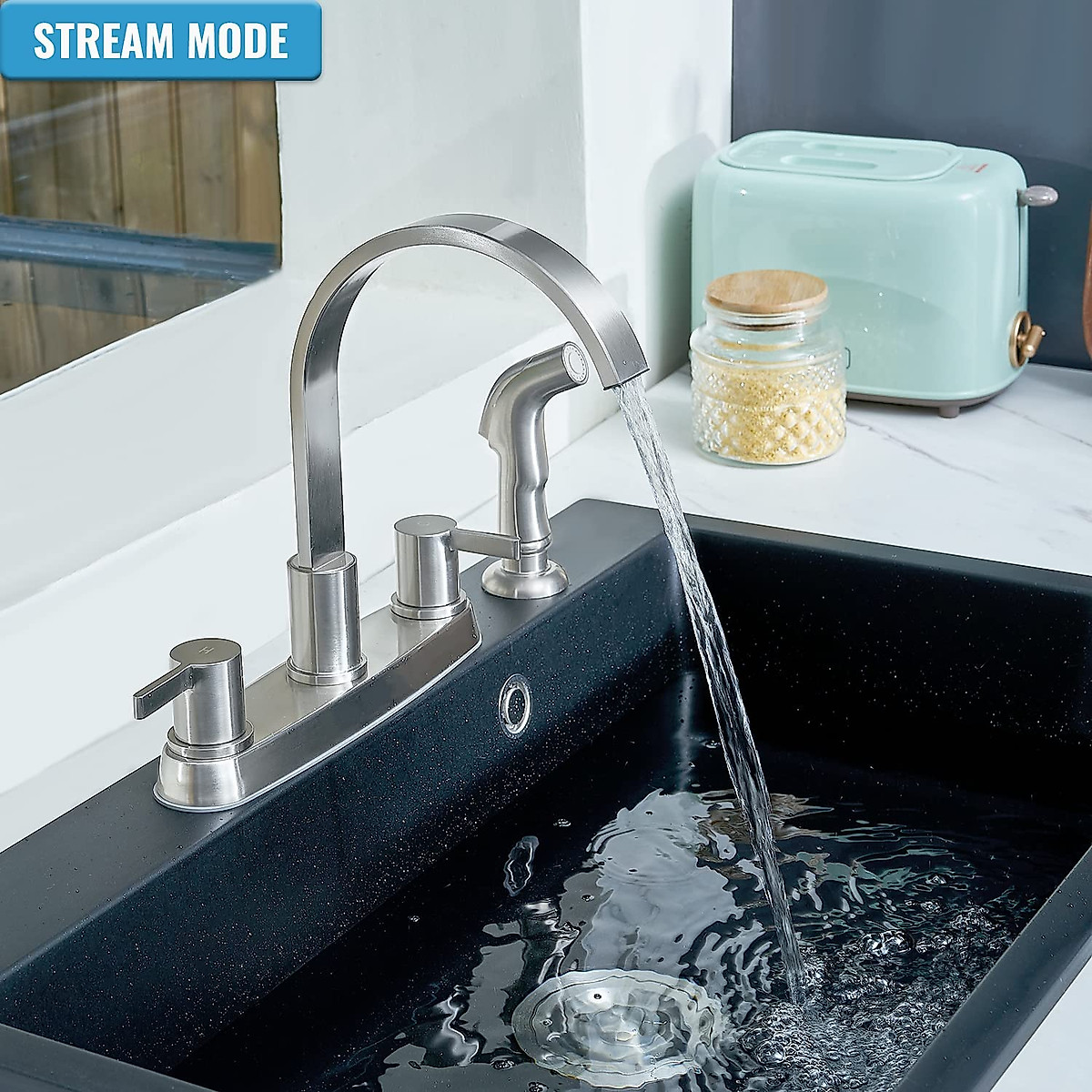 Kitchen Faucet with Sprayer,Brushed Nickel Stainless Steel Kitchen Sink Faucet with Side Sprayer,Kitchen Faucets for Sink 3 Hole,Commercial RV Laundry Utility Kitchen Faucet KMF027L KMF027L