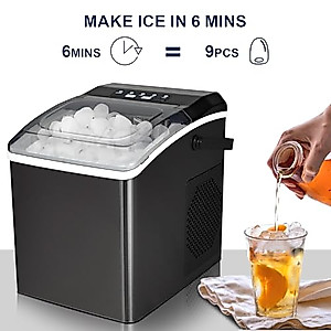 Koolatron Portable Countertop Ice Maker 26 lbs/24Hrs Black Stainless Steel 2 Ice Sizes Self-Cleaning 9 Ice Cubes in 6 Mins