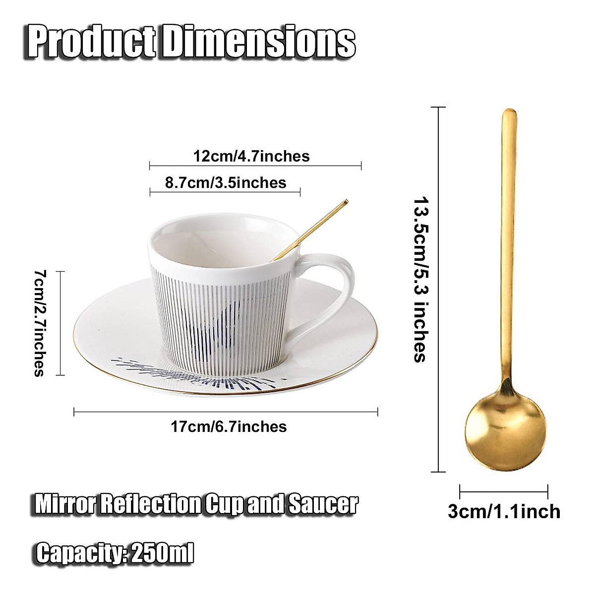 RUNLAIKEJI Mirror Reflection Cup and Saucer, 8 oz Mirror Coffee Cup, Illusion Cups, Anamorphic Cup and Saucer, Moving Reflection Coffee Cup, Reflection Coffee Cup, Ceramic Coffee Mug