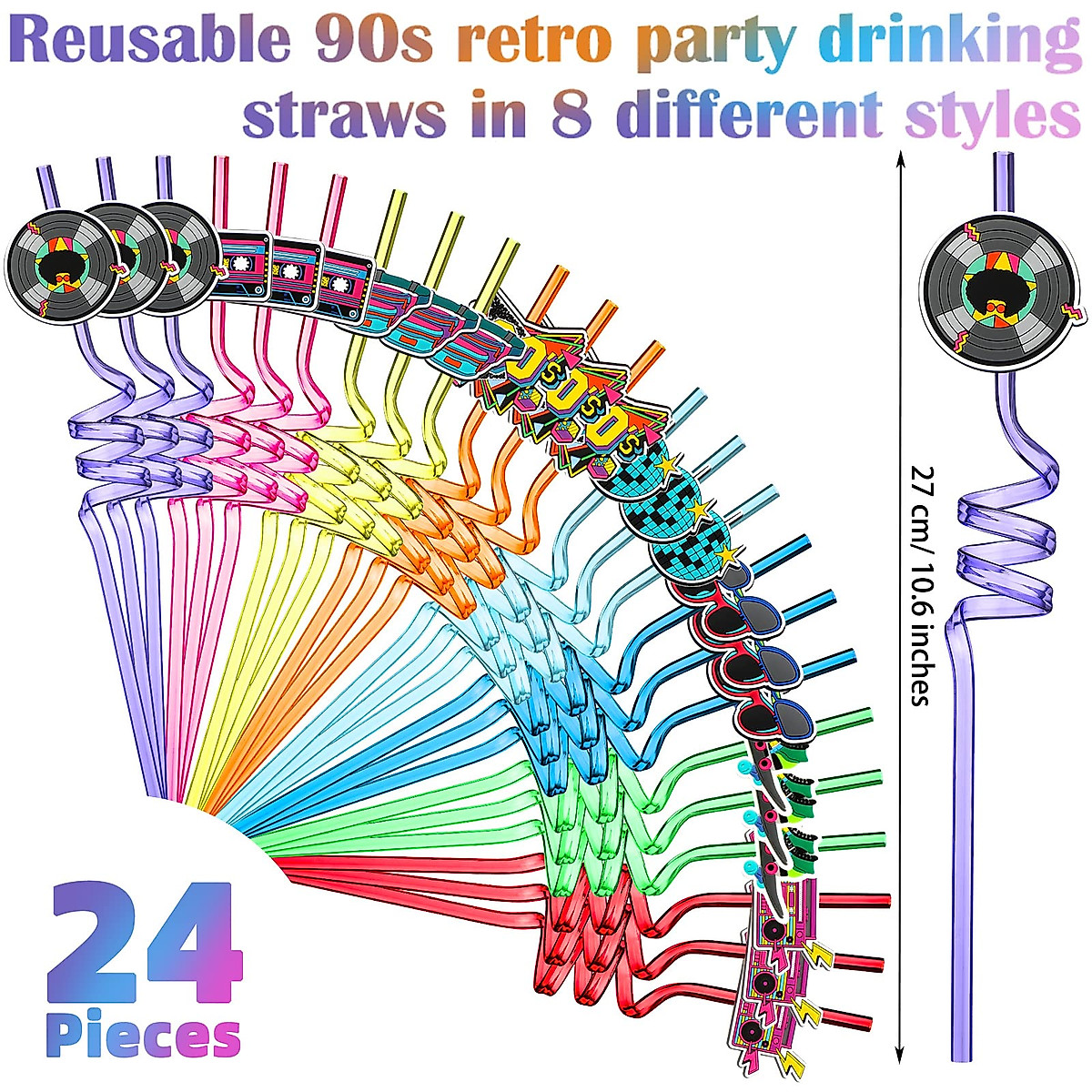24 Pieces Christmas 90s Theme Straws 90's Rock Disco Party Supplies 1990's Retro Plastic Drinking Straws 90's Party Decorations for Birthday Disco Dancing Parties 8 Styles, 8 Colors