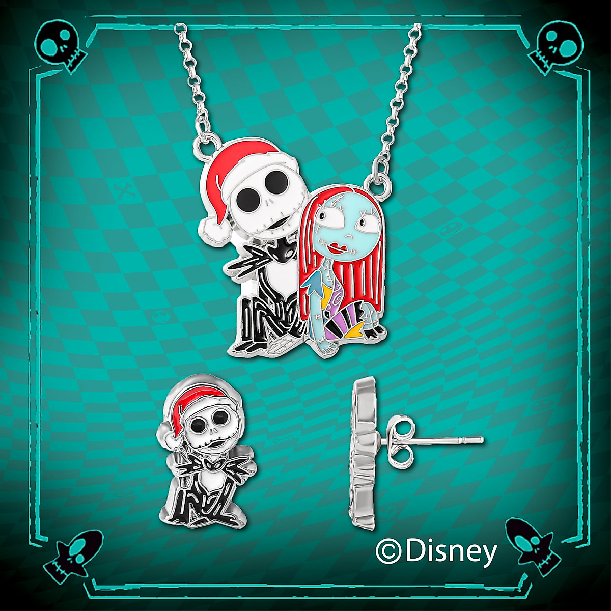 Disney The Nightmare Before Christmas Womens Stud Earrings and Necklace Set - Jack and Sally Necklace - Jack Skellington Stud Earrings
