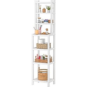 Homykic Bamboo Bathroom Storage Shelf, 7-Tier Detachable Narrow Shelf Freestanding Towel Rack Wood Corner Stand Organizer for Corner, Bathroom, Living Room, Bedroom, Kitchen, White