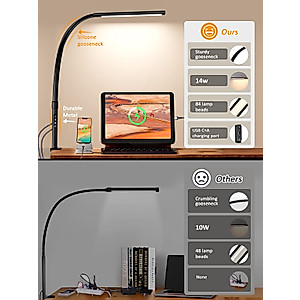 Desk Lamp for Home Office, Eye-Caring LED Desk Lamp with USB C+A Charging Port, Architect Desk Light 5 Lighting 5 Brightness, Flexible Gooseneck Clamp for Reading Study