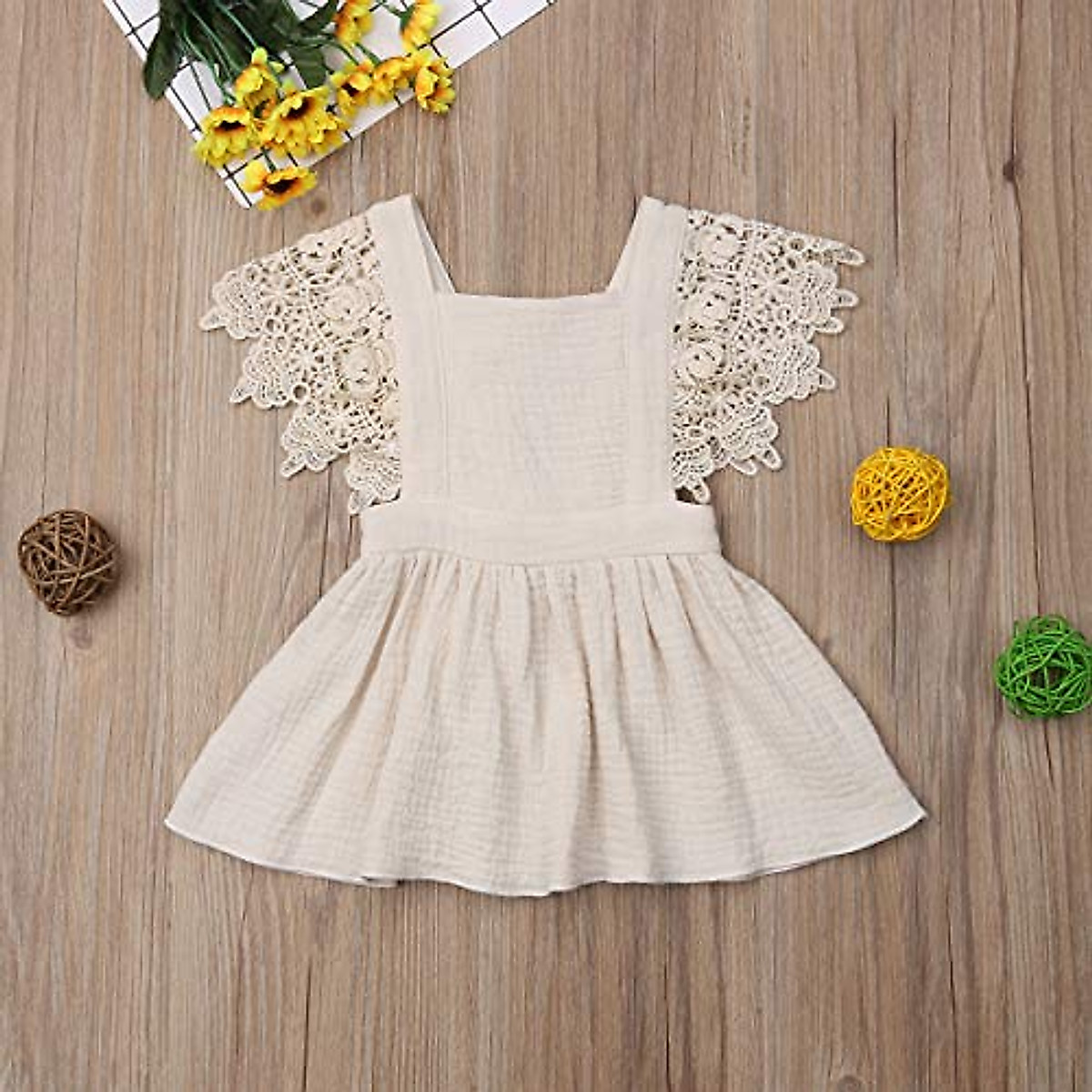 Toddler Baby Girl Infant Comfy Cotton Linen Lace Princess Overall Dress Sundress (Beige, 9-18 Months)
