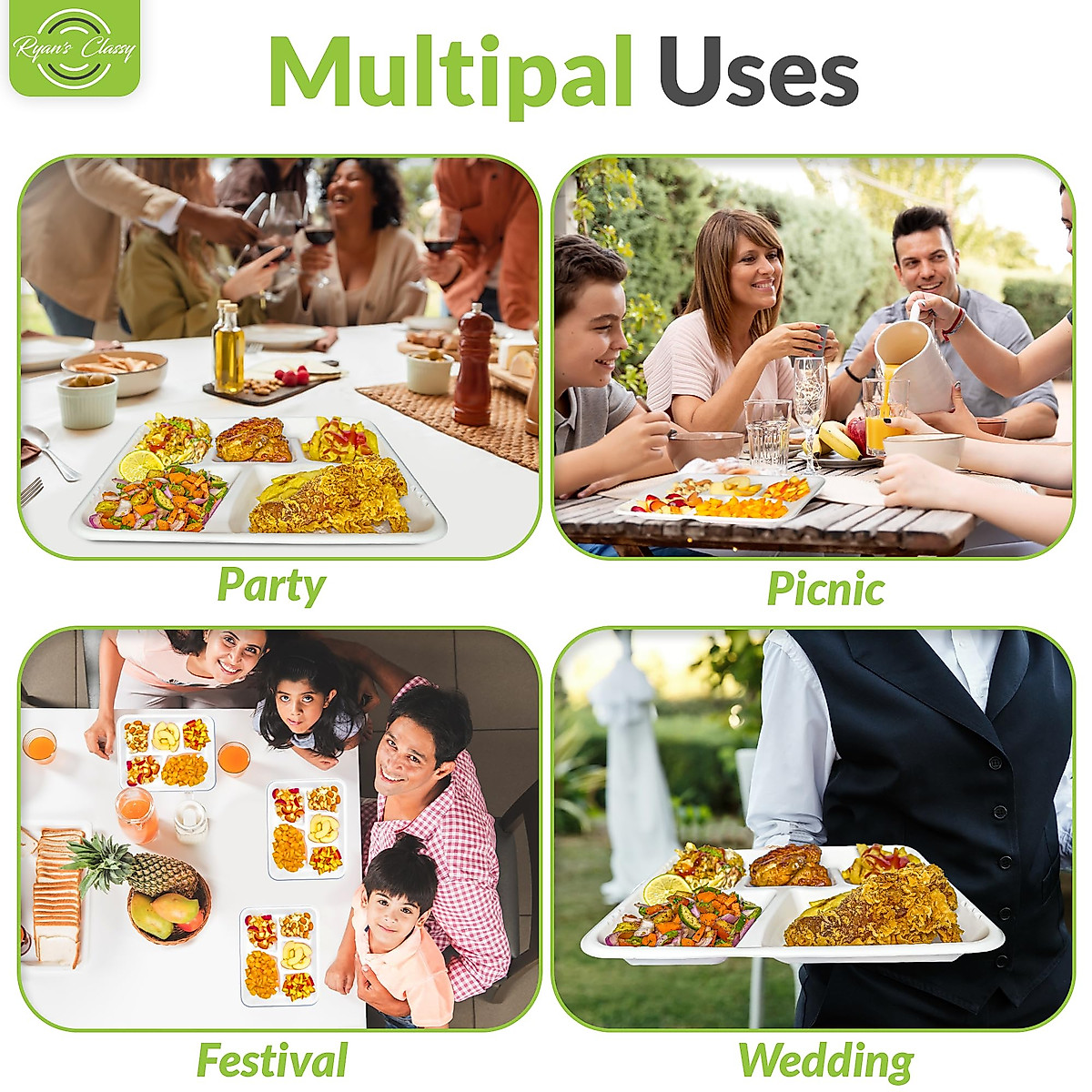 Ryan's Classy Plastic 5 Compartment Plates Disposable, 125 Pack Heavy-Duty Paper Plates with Compartment 10.5 x 8.5 inches Asian Plates Microwave Freezer Safe, Eco-Friendly School Lunch Trays