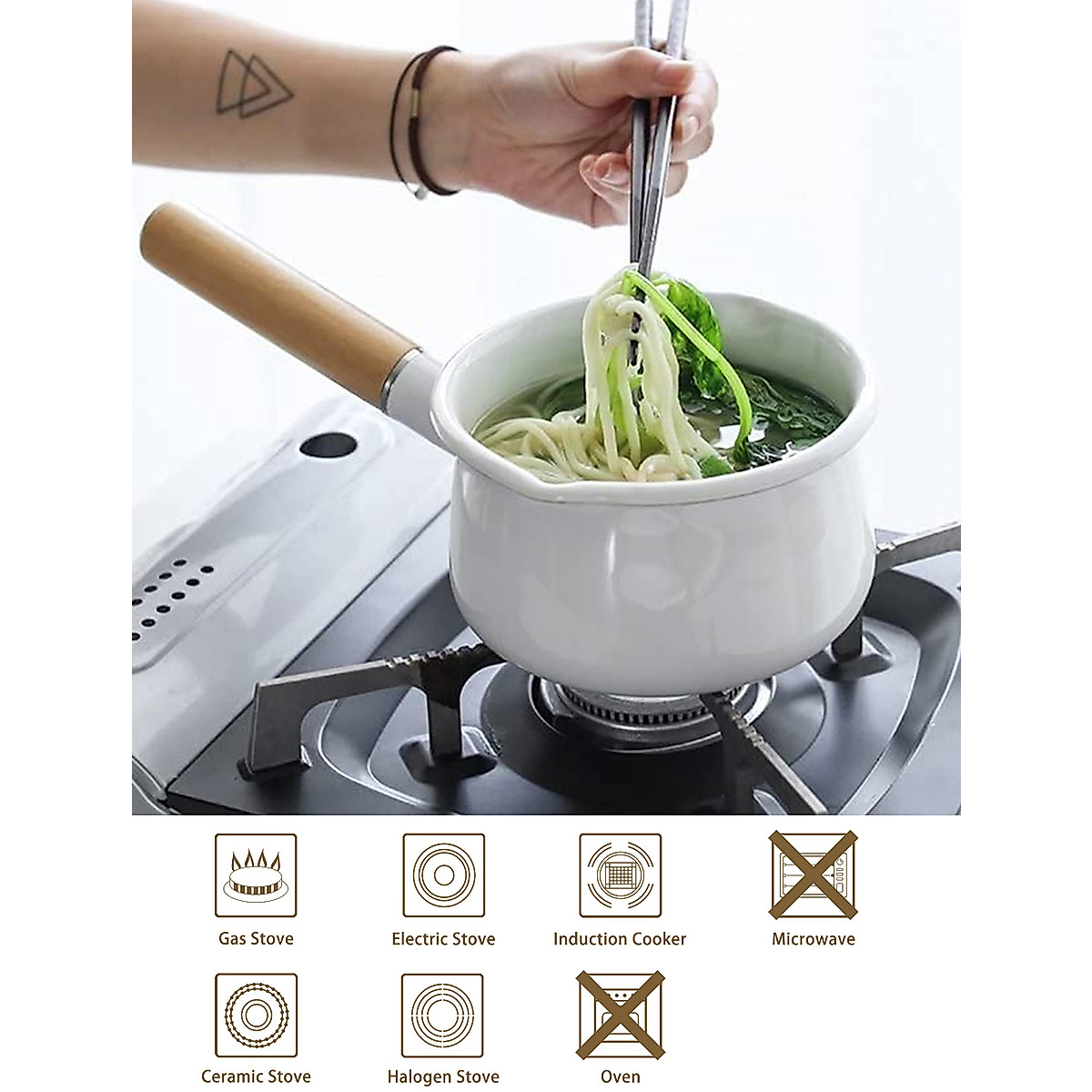 YumCute Home Enamel Milk Pan with Dual Pour Spout Butter Warmer Milk Pot for Stove Top Healthy White Enameled Inside Coating Iron 1QT Small Soup Pot with Wooden Handle Handy Pot (White)