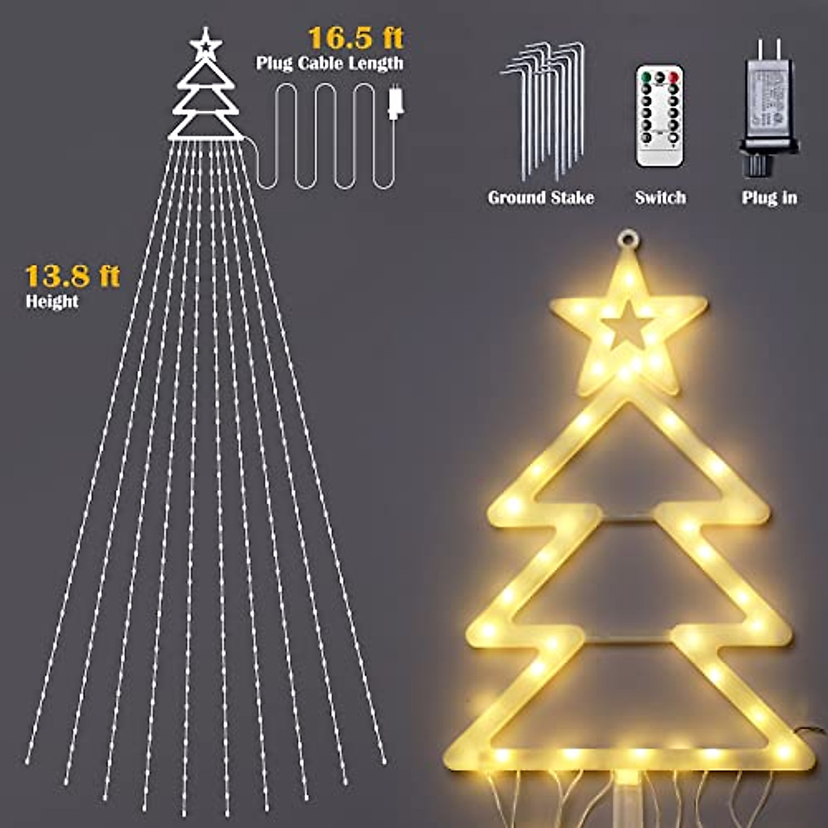 Gorrzai Outdoor Christmas Decorations Star String Lights 420 LED Waterproof String Lights with Christmas Tree Topper, 8 Lighting Modes Waterfall Lights for Tree Patio Garden Yard Party (Warm White)