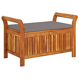 loibinfen Wooden Outdoor Patio Storage Bench Large Deck Box with Brown Cushion 35.8"x19.7"x23.6" Solid Wood Acacia Storage Box Deck Box with Seat for Garden, Balcony, Porch, Pool,Yard