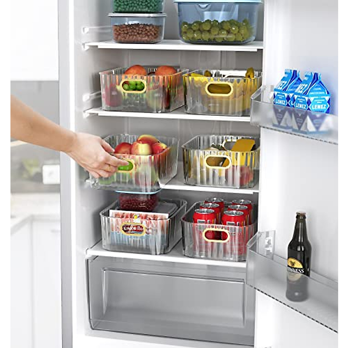 FATMOON Set of 3 Clear Pantry Organizer Bins, Stackable Plastic Food Storage Basket with Handle for Organizers Kitchen Refrigerator Fridge Bathrooms Countertops