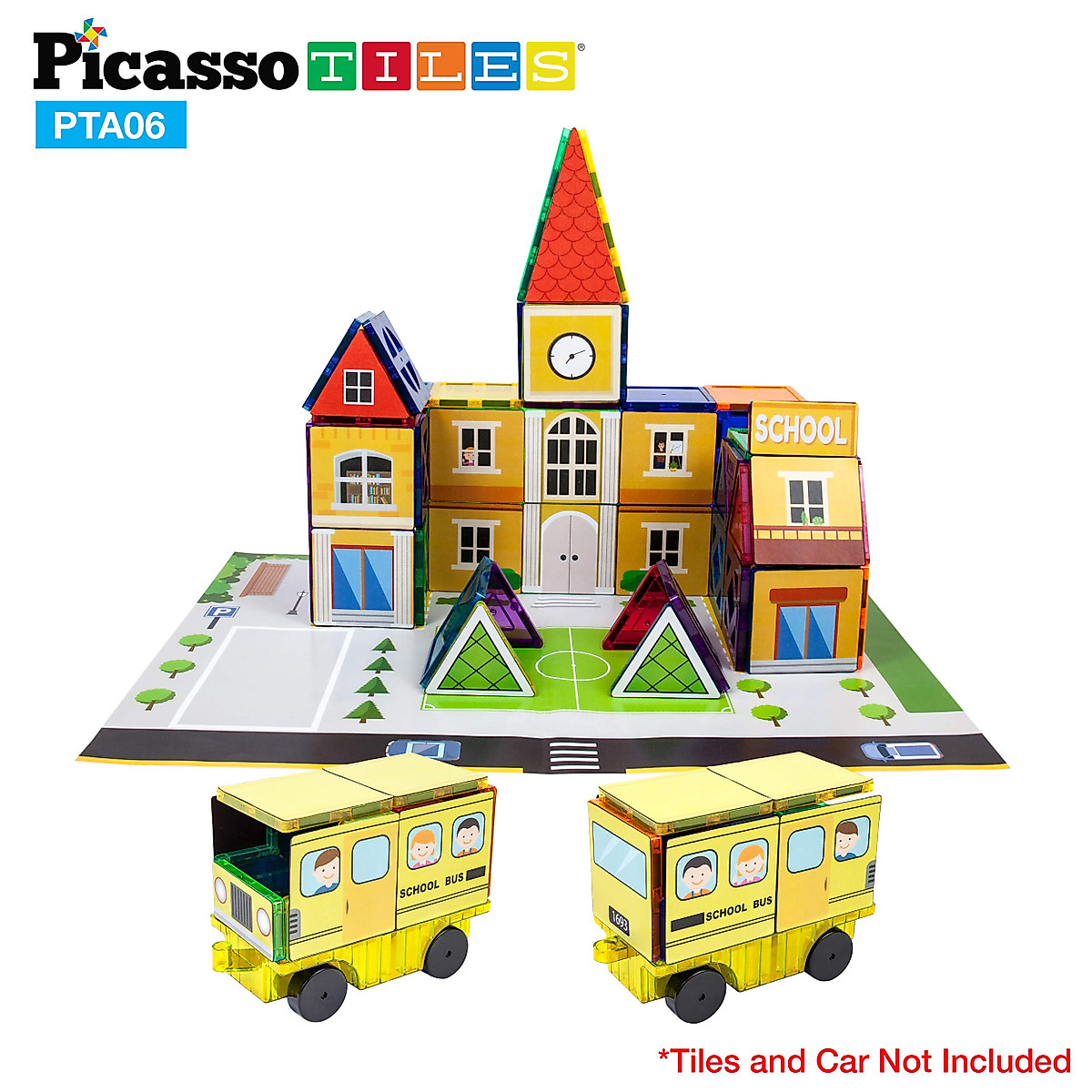 PicassoTiles 80pc School, Hospital, Police Station 3-in-1 Theme Magnet Self Adhesive Backing Stick-On Puzzle Graphic Kit and Overlay Maps for Magnetic Building Blocks STEM Learning Construction Toy
