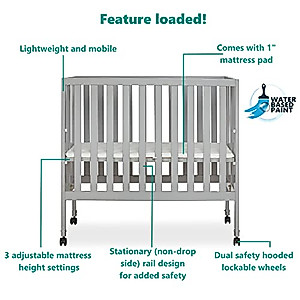 Dream On Me Jett Non-Full Sze Foldng CRB n Pebble Grey Removeable Wheels Adjustable Mattress Support Patent Foldng System 1" Mattress Pad ncluded