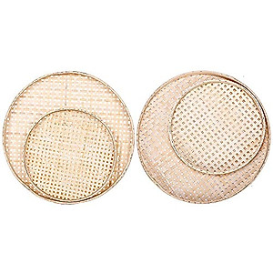 100% Handwoven Flat Wicker Round Fruit Basket Woven Food Storage Weaved Shallow Tray Organizer Holder Bowl Decorative Rack Display Kids DIY Drawing Board (Sqaure Hollow-Bamboo White, 42cm/16.5")