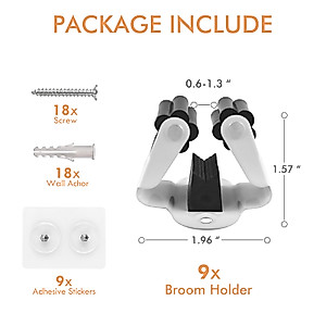 Adhesive Broom Holder Wall Mount - 9 Pack White Mop Hanger Cleaning Tools Handle Grippers Organizers - Heavy Duty Metal Broom Clip Hooks for Laundry Room Utility Closet Garage Garden Bathroom
