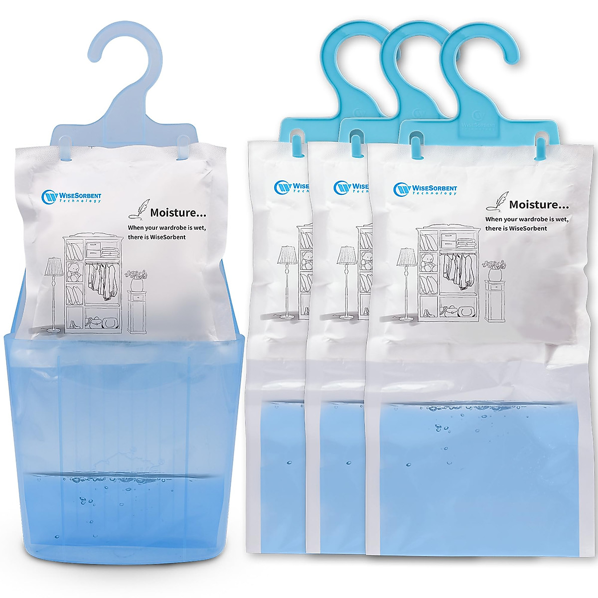 Wisesorb Moisture Absorber Packets with Plastic Case & Hook, Odor Eliminator, Leak Proof, Fragrance Free, Humidity Packs, Hanging Closet Dehumidifier Bags, Moisture Absorber (4 Packs)