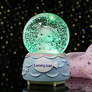 Yuehuam Cute Cartoon Cat Globe Ball Music Box with LED Light Color Changing Snow Globes with Resin Base Novelty Ornament Gift for Christmas Birthday Valentines Day Women Mom Daughter, 1Pc