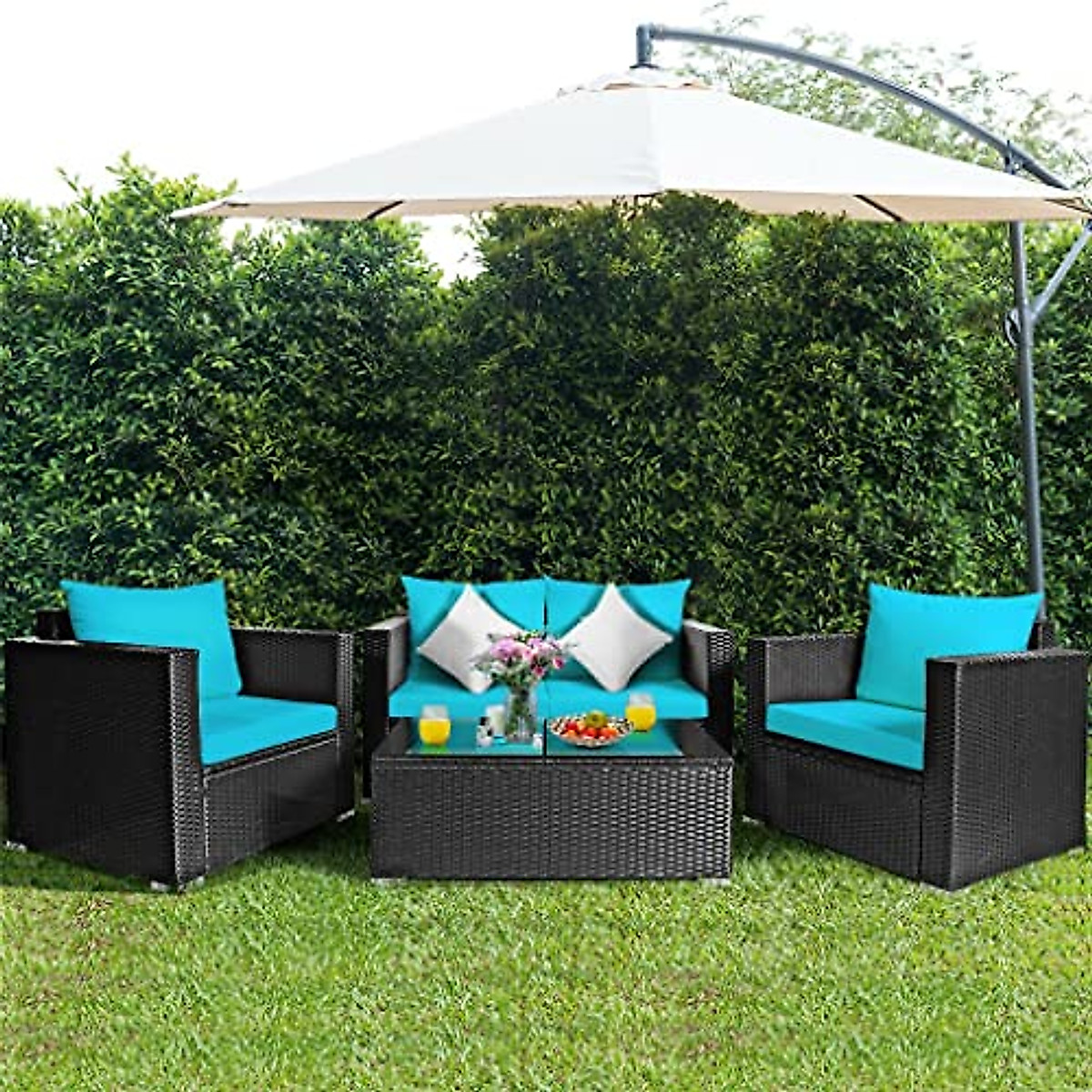 LUKEO Patio Rattan Furniture Set Cushioned Sofa Chair Coffee Table Suitable for Balconies, Rooftops, Gardens and Any Places of Leisure