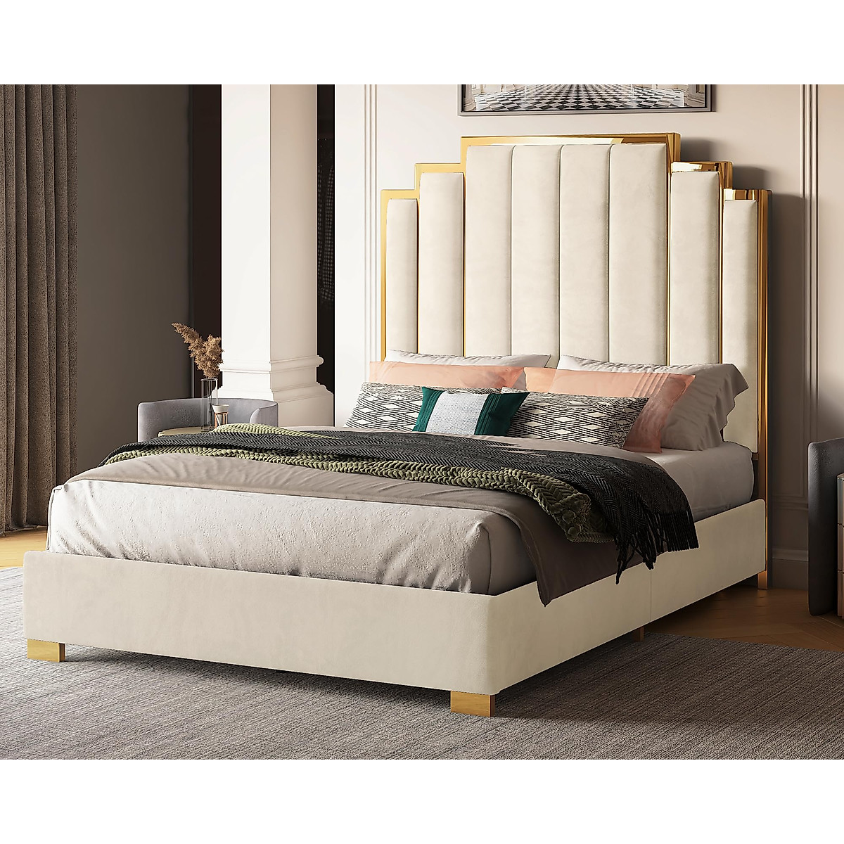 Albott Queen Size Platform Bed Frame, 61.4" Velvet Upholstered Bed with Gold Trim Headboard/Wooden Slats/No Box Spring Needed/Cream