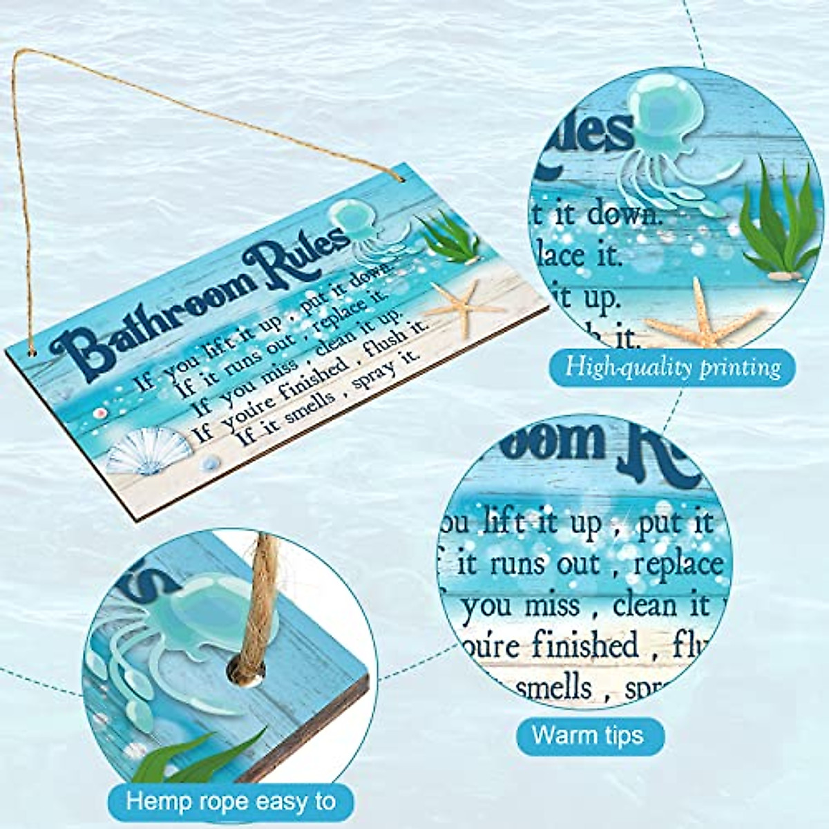 Bathroom Rules Sign Decor Bathroom Rule Wall Plaque Decor Bathroom Rule Wooden Hanging Sign Bathroom Wall Art Farmhouse Bathroom Wall Decor Rustic Funny Bathroom Decor, 10 x 5 Inch（sea beach）