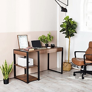 Computer Desk Home Office Writing Pc Workstation with 2 Tier Shelves Storage Brown Modern Contemporary Rectangular Metal Wood Finish