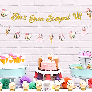 Jollyboom She's Been Scooped Up Banner, Ice Cream Bridal Shower Party Decoration Glitter Banner for Girl Women Summer Ice Cream Theme Bachelorette Bridal Shower Engagement Wedding Party