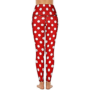 SKT T1 Polka Dot Yoga Pants for Women, White Dots Circle Round on Red Leggings with Pockets, Soft High Waist Women's Novelty Tights Tummy Control Workout Athletic Pants Activewear Leggings M